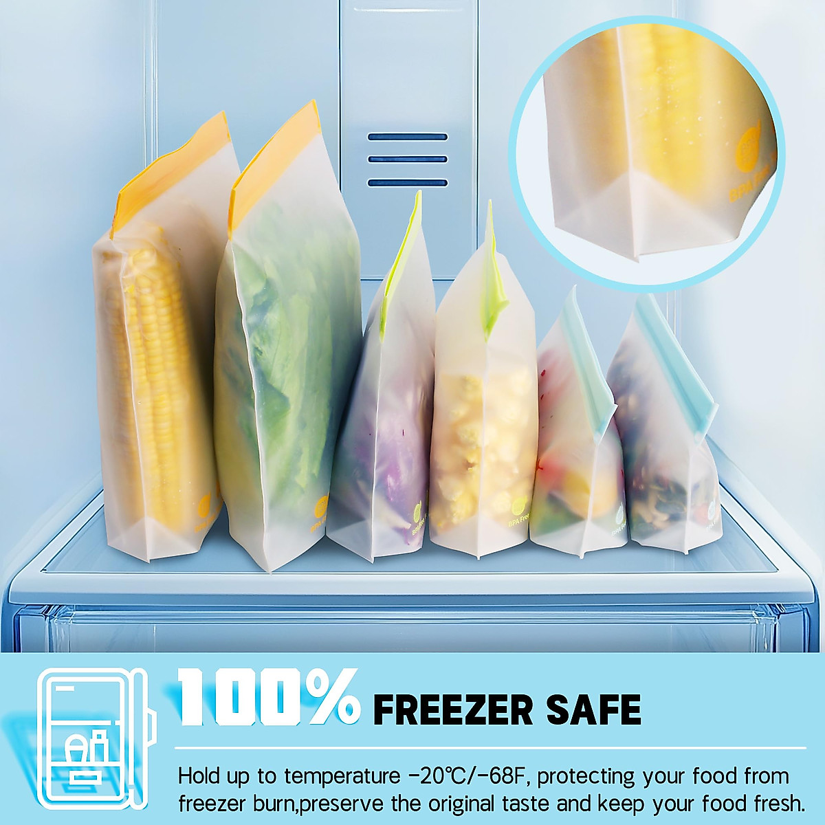 24 Pack Reusable Food Storage Bags,Leakproof Freezer Bags BPA Free Stand Up Sandwich Bags for Lunch Salad Fruit Travel,Dishwasher Safe(8 Gallon,8 Sandwich,8 Snack)