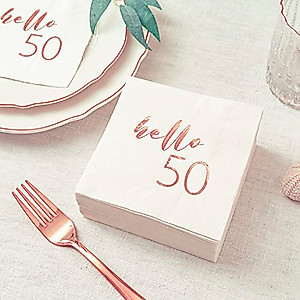 Crisky Rose Gold Hello 50 Cocktail Napkins for Women 50th Birthday Decorations, 3-Ply 50th Birthday Disposable Cake Beverage Dessert Napkins, 50 Pcs