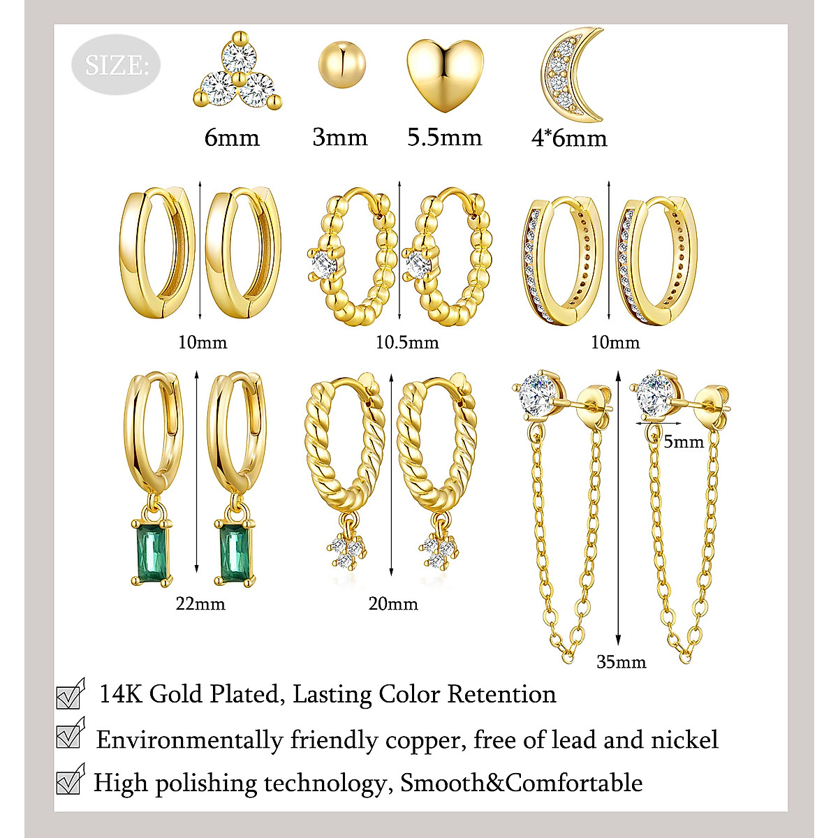 PLOMFOV 14K Gold Silver Hoop Studs Earrings Set for Women Dainty Dangle Hoop Gold Earrings Set for Multiple Piercing Gold Tone