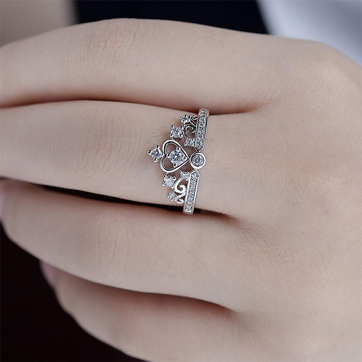 White Gold Plated Simple Princess Crown with Cubic Zircon Crystal Wedding Engagement Ring Fashion Jewelry (6)