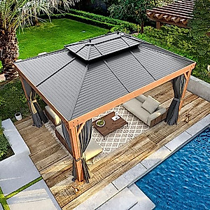 YOLENY 10' x 13' Hardtop Gazebo Metal Gazebo with Faux Wood Grain Aluminum Frame, Galvanized Steel Double Roof, Outdoor Patio Gazebo Pergolas with Netting and Curtains for Backyard, Patio, Lawns