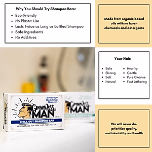 Grown Ass Man Co. - Solid Shampoo Bar Rich Lather 3 in 1: Hair, Beard & Body Wash - Plastic Free & Eco-Friendly, Natural & Organic Clean for All Hair Types, 4oz Bar (Chill Out, Single)