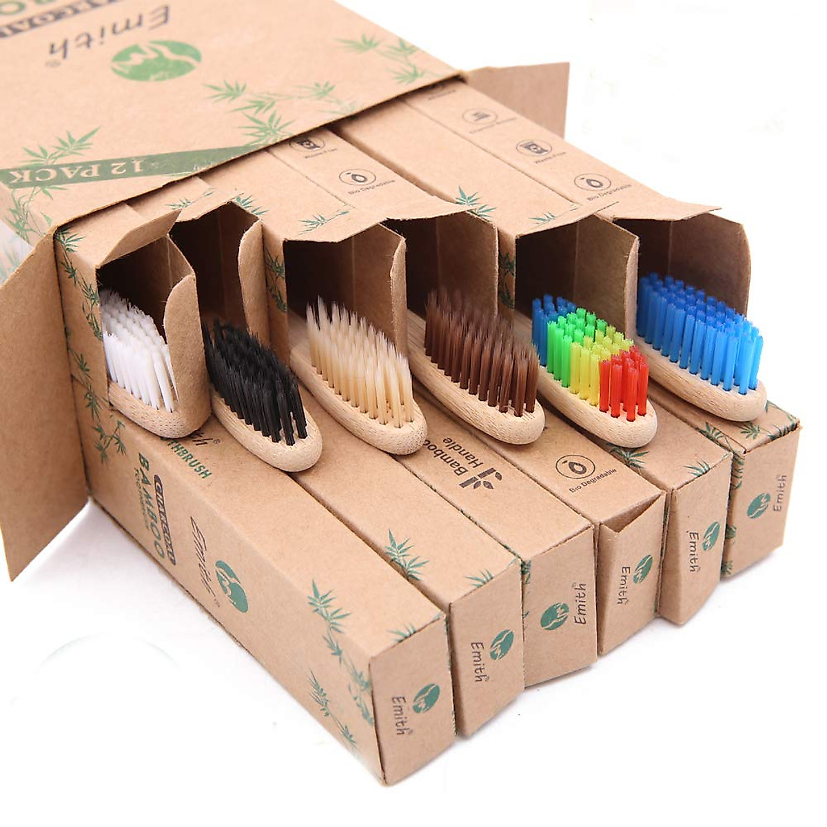 Unigift 12 Pcs Bamboo Toothbrushes, Biodegradable Charcoal Tooth Brush Natural Eco-Friendly Toothbrushes with Soft Bristles(Multi-color)
