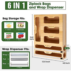 ziplock bag organizer, ziplock bag organizer for drawer, ziploc bag organizer, sandwich bag organizer Bamboo, 6 in 1 Wrap Dispenser With Cutter, Kitchen Storage Ziplock Bag Organizer For Drawer, Compatible With Ziplock Gallon, Quart, Sandwich, Snack, Alum