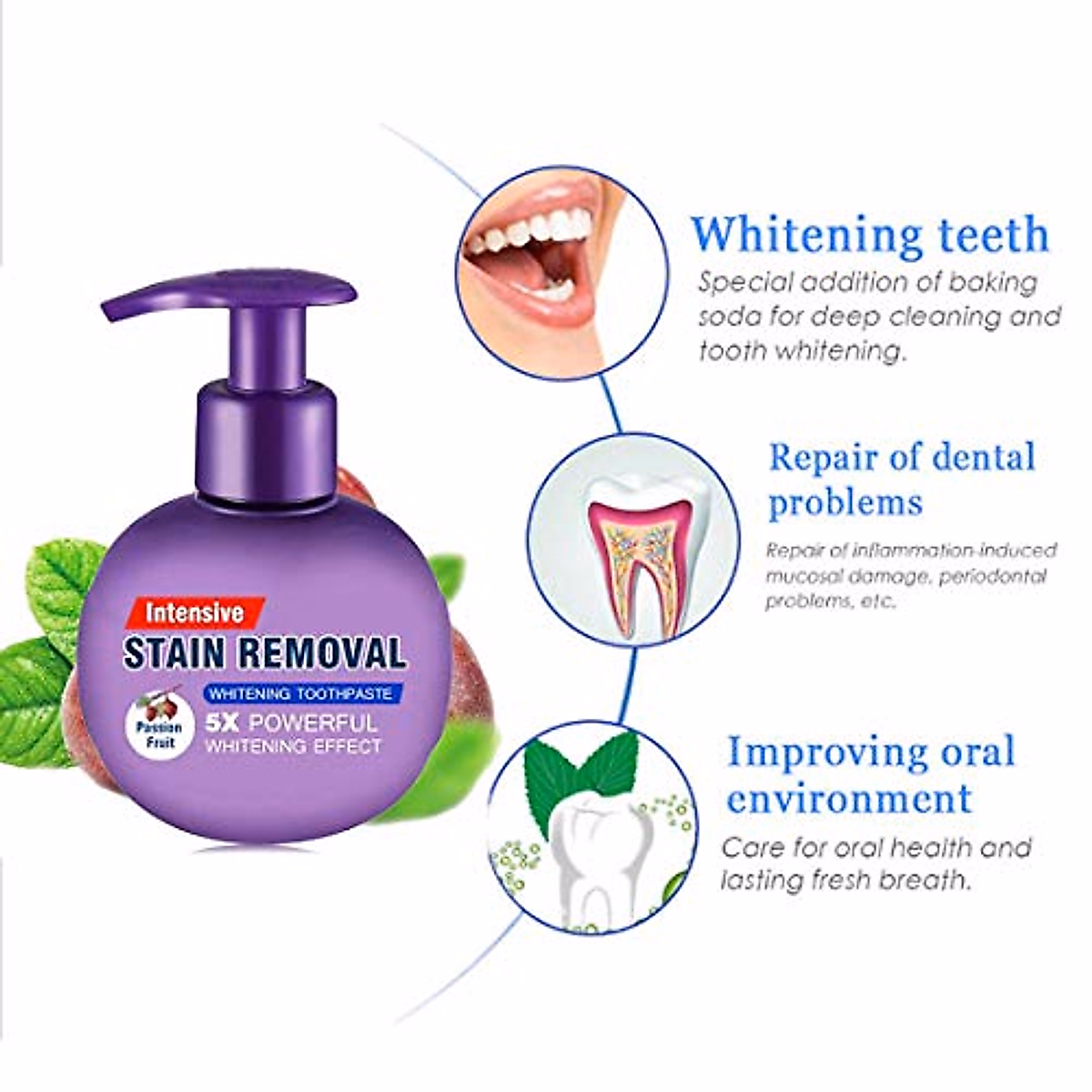 Baking Soda Toothpaste Teeth Whitening Toothpaste Natural Fluoride-Free Intensive Stain Removal Whitening Toothpaste Strong Power Cleaning Fight Bleeding Gums Press Toothpaste(Passion Fruit)