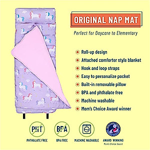 Wildkin Original Nap Mat with Reusable Pillow for Boys and Girls, Perfect for Elementary Sleeping Mat, Features Hook and Loop Fastener, Soft Cotton Blend Materials Nap Mat for Kids (Unicorn)