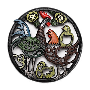 BRASSTAR Cast Iron Colorful Chicken Patterned Trivet for Hot Pots, Pans, Dishes, Decorative Kitchen Or Dining Table, Vintage Rusted Design with Rubber Pegs/Feet 7.9in(L) TQGJPT147