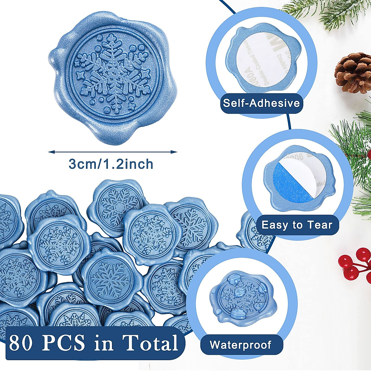 Whaline 80Pcs Christmas Wax Seal Stickers Snowflake Envelope Seal Stickers 3D Blue Snowflake Self-Adhesive Embossed Stickers for Xmas Winter Greeting Invitation Cards Packages Gift Decor, 4 Design