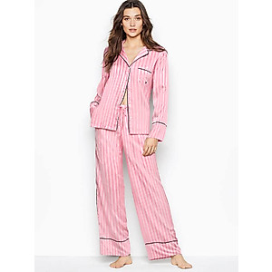 Victoria's Secret Silky Satin Two Piece Long Pajama Set, Satin Fabric, Unlined, Women's Pajamas, Pink (M)