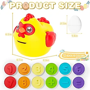 maysida Easter Basket Stuffers 12 Pack Matching Eggs, Shape Color Easter Eggs with Chicken Toy, Sensory Play Learn Toy for Kids Toddler Girl Boy, Educational Easter Essentials Gift Hunts Party Favors