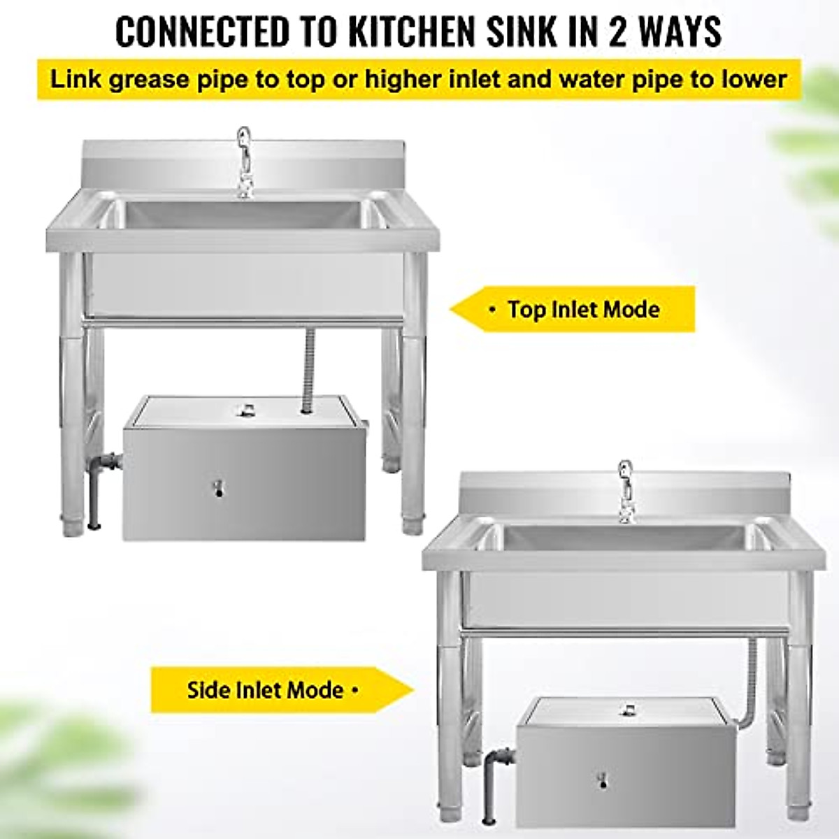 VEVOR 25LB Commercial Grease Trap, 13GPM Commercial Grease Interceptor, Stainless Steel Grease Trap w/Top & Side Inlet, Under Sink Grease Trap for Restaurant Factory Home Kitchen