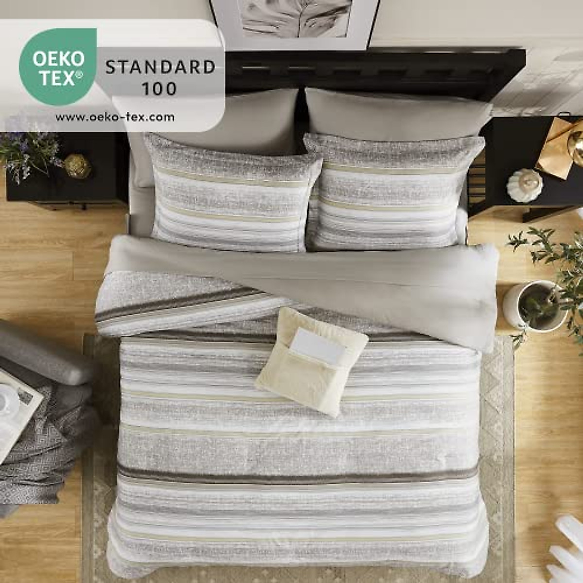 MaiRêve Grey Twin Bed in A Bag, Soft Grey Stripe Minimalist Comforter Set Urban House Design 6 Pieces for Boys Girls or Dorm Bedding(Mosaic Horizontal Stripes,Twin)