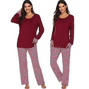 Ekouaer Maternity Nursing Pajama Set Long Sleeves Breastfeeding Sleepwear Soft Hospital Pregnancy pjs Sets L Wine Red