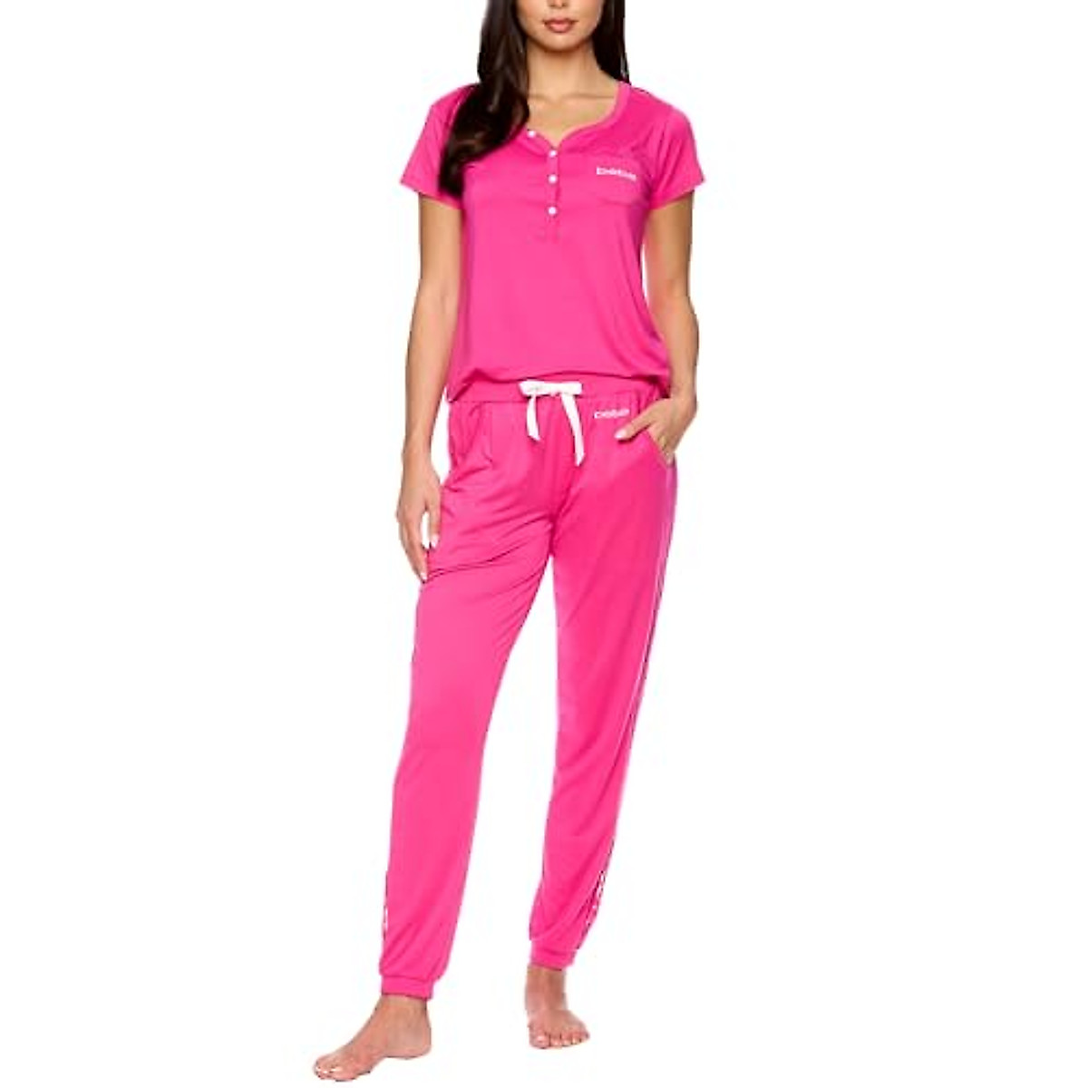 bebe Womens Pajama Set, Short Sleeve Shirt with Lace Jogger PJ Pants Lounge Sets for Women (Fuchsia, Medium)