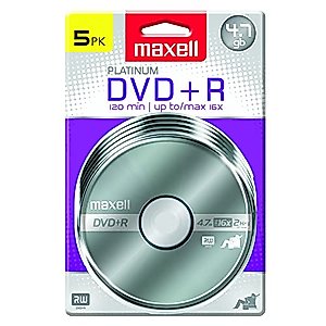 Maxell – 639031, Platinum DVD+R - High Capacity Write-Once Discs for Videos & Digital Storage - 4.7GB Storage with 16X Write Speed Up To 120 Min, Exceptional Archival Life – Pack 5