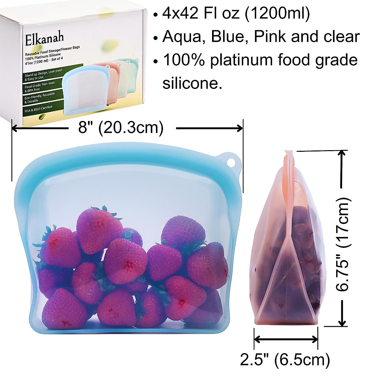 Elkanah Stand Up Food Grade Silicone Reusable Storage Bag Quart 42fl oz Freezer Bags Silicone for Food Storage -Leakproof, Microwave, Oven, Sous Vide & Dishwasher safe
