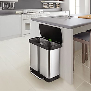 Arlopu 16 Gallon Dual Trash Can, 60L Stainless Steel Kitchen Garbage Can, Step-on Classified Recycle Garbage Bin with Removable Inner Buckets, for Kitchen, Living Room, Office, Silver (2x30L)
