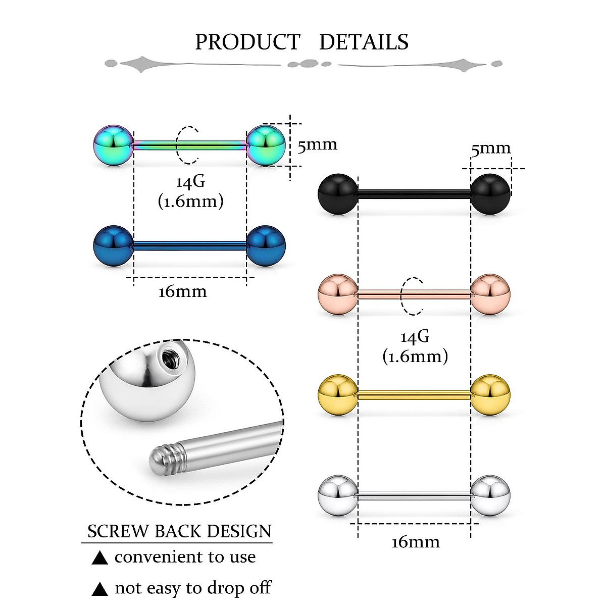 Oufksiyy 24pc 14G 16G Mixed color surgical Stainless Steel Straight Barbell Tongue Rings Bars Piercing 5/8" Length 16mm 9/16 inch 14mm 1/2inch 12mm Nipple RIngs Tongue Piercing Jewelry For Women Men