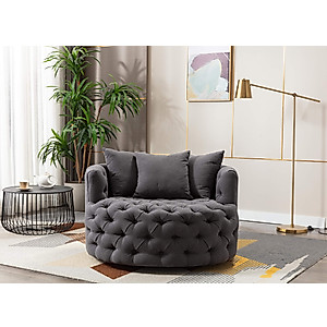 Dolonm Swivel Accent Barrel Chair Modern Sofa Lounge Club Round Chair Linen Fabric for Living Room Hotel with 3 Pillows (Grey)