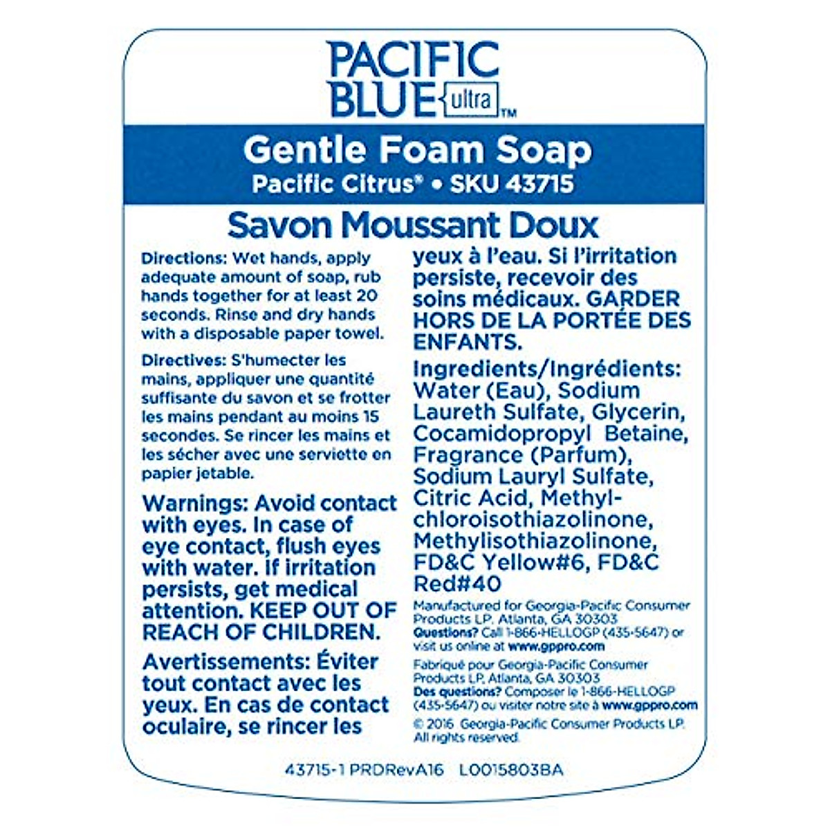 Georgia-Pacific Pacific Blue Ultra Manual Gentle Foam Hand Soap Refills by GP PRO (Georgia-Pacific),Pacific Citrus,43715,1200 mL Per Bottle,4 Bottles Per Case