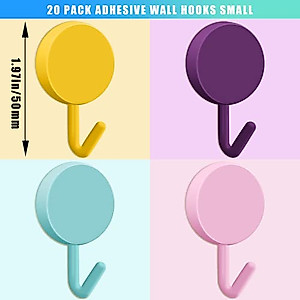 KIBBEH 20 Pack Colorful Cute Mini Adhesive Hooks, Plastic Strong Adhesive Wall Small Hooks, Waterproof Hooks for Door Bathroom Kitchen Living Room