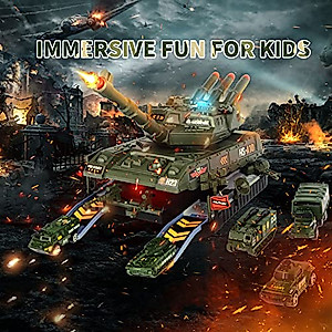 COVTOY Military Toy Tank Set for Kids, Military Transport Tank and 6PCS Army Vehicles, Tank & Vehicle Playset with 3 Sound and Launcher, Birthday Gift for Boys 3-5 Years Old