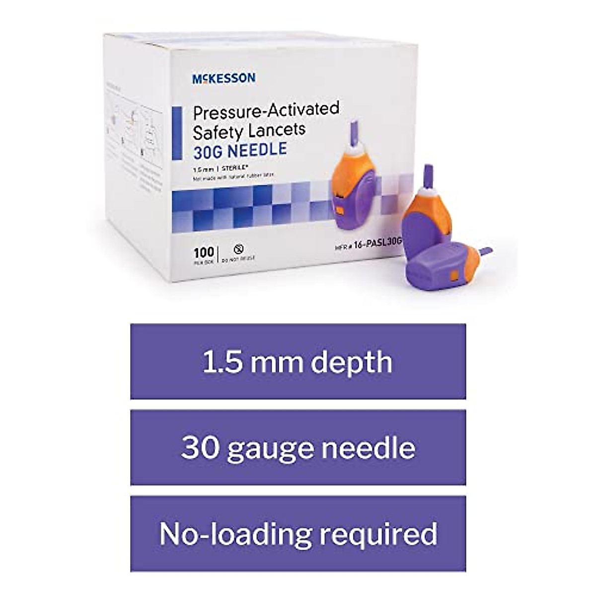 McKesson Safety Lancets, Sterile, Pressure-Activated, 30 Gauge Needle, 1.5 mm, 100 Count, 1 Pack
