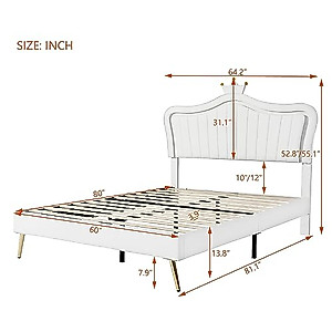 DEINPPA Queen Princess Platform Bed with Upholstered Led Headboard, Kids Bed Frame with Crown Element Design, No Box Spring Need, for Kids Toddler Children, PU-White