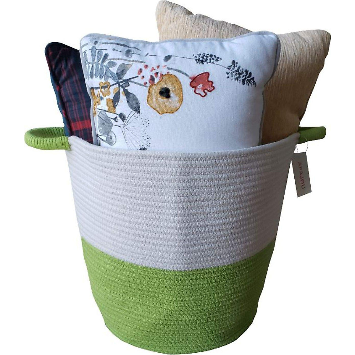 Apajou Large Cotton Rope Basket (12.5” x 16” x 15”) - Round Woven Storage Organizer Baby Basket Bin with Sturdy Handles - for Blankets, Toys, Laundry, Nursery, and More