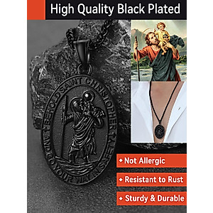 FaithHeart Black St. Christopher Necklace for Men Christian Amulet Jewelry with Stainless Steel Wheat Chain Oval Medal Pendant for Prayer