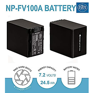 BM Premium 2 NP-FV100A High Capacity Batteries and Dual Bay Charger for Sony FDR-AX30 FDR-AX33 AX53 FDR-AX700 FDR-AX100 FDR-AX35 HXR-MC50 HXR-MC88 HX-RNX80 PXW-Z90V NEX-VG20 VG30 NEX-VG900 Camcorders