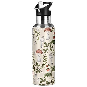 Kigai Mushroom Pattern Stainless Steel Sports Water Bottle BPA-Free Vacuum Insulated Leakproof Wide Mouth Flask with Straw Lid Keeps Liquids Cold or Hot for Gym Travel Camping