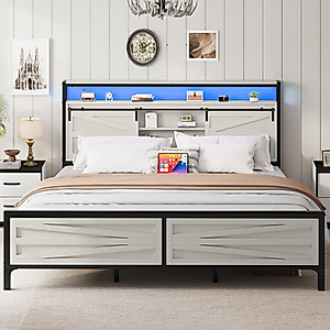YITAHOME Farmhouse King Bed Frame with Storage Bookcase Headboard, Platform Bed Frame with LED Lights and Charging Station, Sliding Barn Door, Solid Metal Slats, No Box Spring Needed (White)