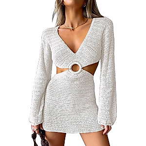 LILLUSORY Bathing Suit Cover Up Coverup Women's 2023 Summer Bikini Swim Beach Swimwear Spring Long Sleeve Sexy Crochet Dresses Vacation Outfits White