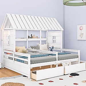 BOVZA Double Beds for 2 Kids, Twin Size House Platform Beds with Two Storage Drawers, Roof and Windows, Boy and Girl Shared Beds, Combination of 2 Side by Side Twin Size Beds, White