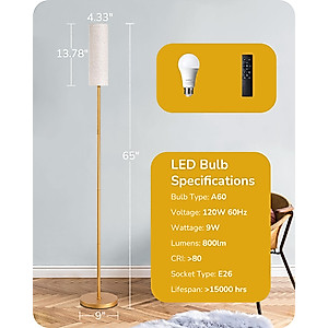 EDISHINE LED Corner Floor Lamp for Living Room, 65" Tall Standing Reading Lamp with Remote, Minimalist Dimmable Pole Lighting for Bedroom, Office, Kids Room, 9W Bulb Included, 2700K-6000K (Gold)