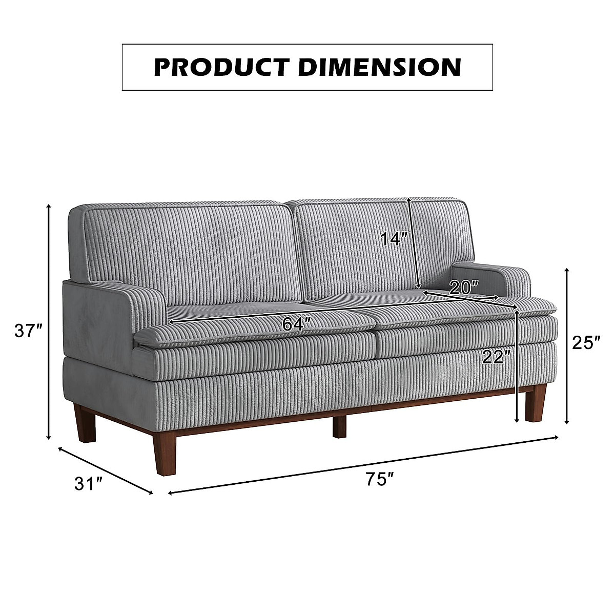 EBELLO 75” Soft Luxury Corduroy Fabric Sofa, Small 3 Seat Sofa for Living Room with Padded Seat, Overstuffed Backrest, Solid Wood Frame Small Sofa for Small Space, Apartment, Grey