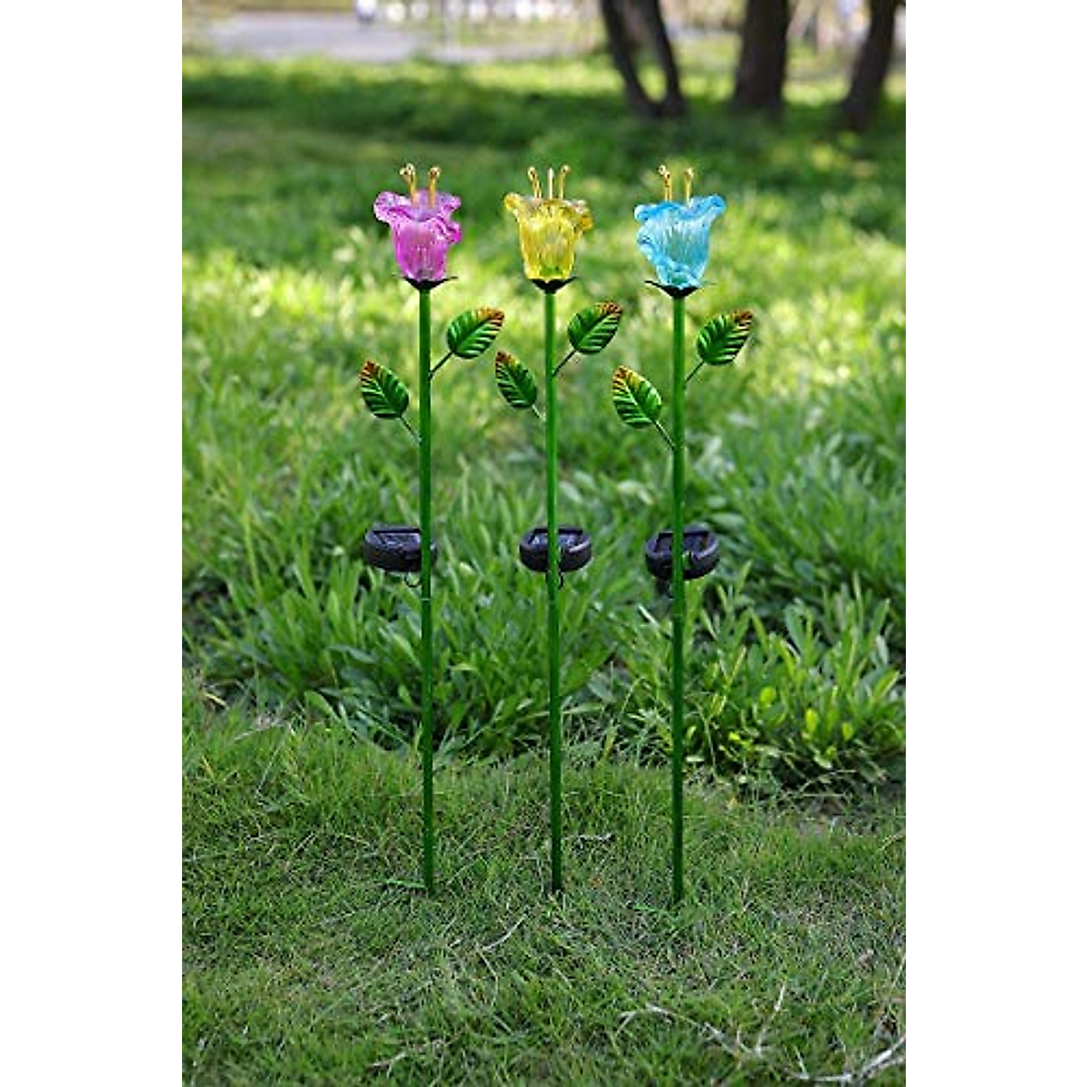 Joyathome Flower Solar Stake Lights Outdoor,2 Pack Solar Powered Metal Stake with Yellow Glass Lily Flower Decorative Lights, Waterproof Warm White LED Garden Lights for Backyard,Lawn