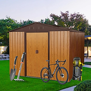 Lovtimber 10x8 FT Outdoor Storage Shed, Garden Tool House with Metal Floor Base, Double Sliding Doors, Air Vents, Storage Clearance for Backyard, Patio, Garage, Lawn, Coffee