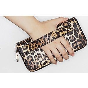 B BRENTANO Vegan Leather Double Zipper Pocket Wallet with Grip Hand Strap (Leopard)