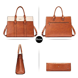 Telena Leather Briefcase for Women, 15.6 Inch Laptop Tote Bag Business Work Briefcase, Large Capacity Handbag Bag, Brown and Beige