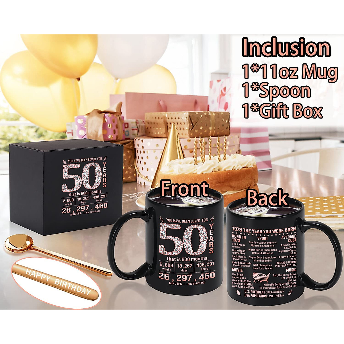BdayPtion 50th Birthday Gifts for Women, Turning 50 Year Old Birthday Gift, 1973 Happy 50th Bday Gift for Her, Fifty Birthday Present, 11oz Black Coffee Mug
