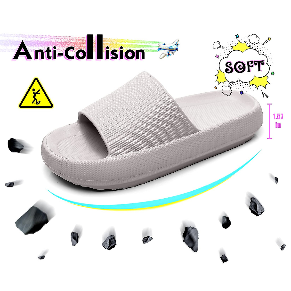 House Slippers For Women & Men - Cloud Slippers Non Slip Pillow Shower Slides Open Toe Comfy Quick Drying Bathroom Sandals For Spa Pool Gym Beach Indoor and Outdoor Grey 4041