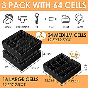 6 Pack Sock Underwear Drawer Organizer Dividers, 64 Cell Fabric Foldable Cabinet Closet Organizers and Storage Boxes for Storing Socks, Underwear, Ties (16+24+24 Cell, Gray+Black)
