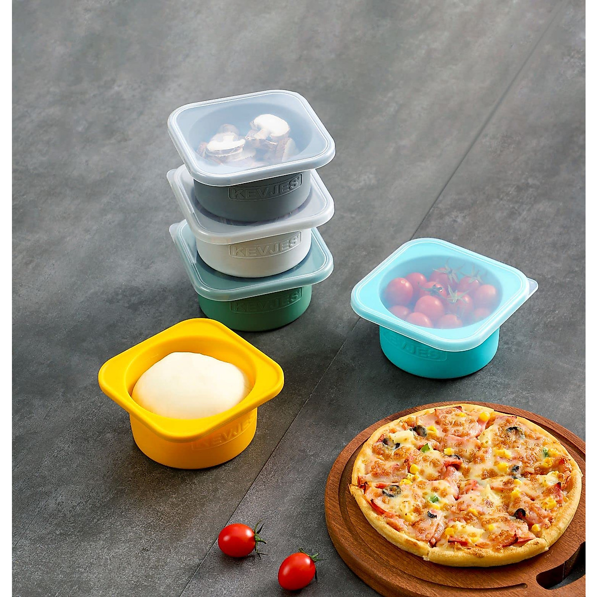 KEVJES Stackable Silicone Artisan Pizza Dough Proofing Containers with Lids pizza making accessories (1 Yellow+1 Green+1Blue+1 Gray+1 Space Gray)