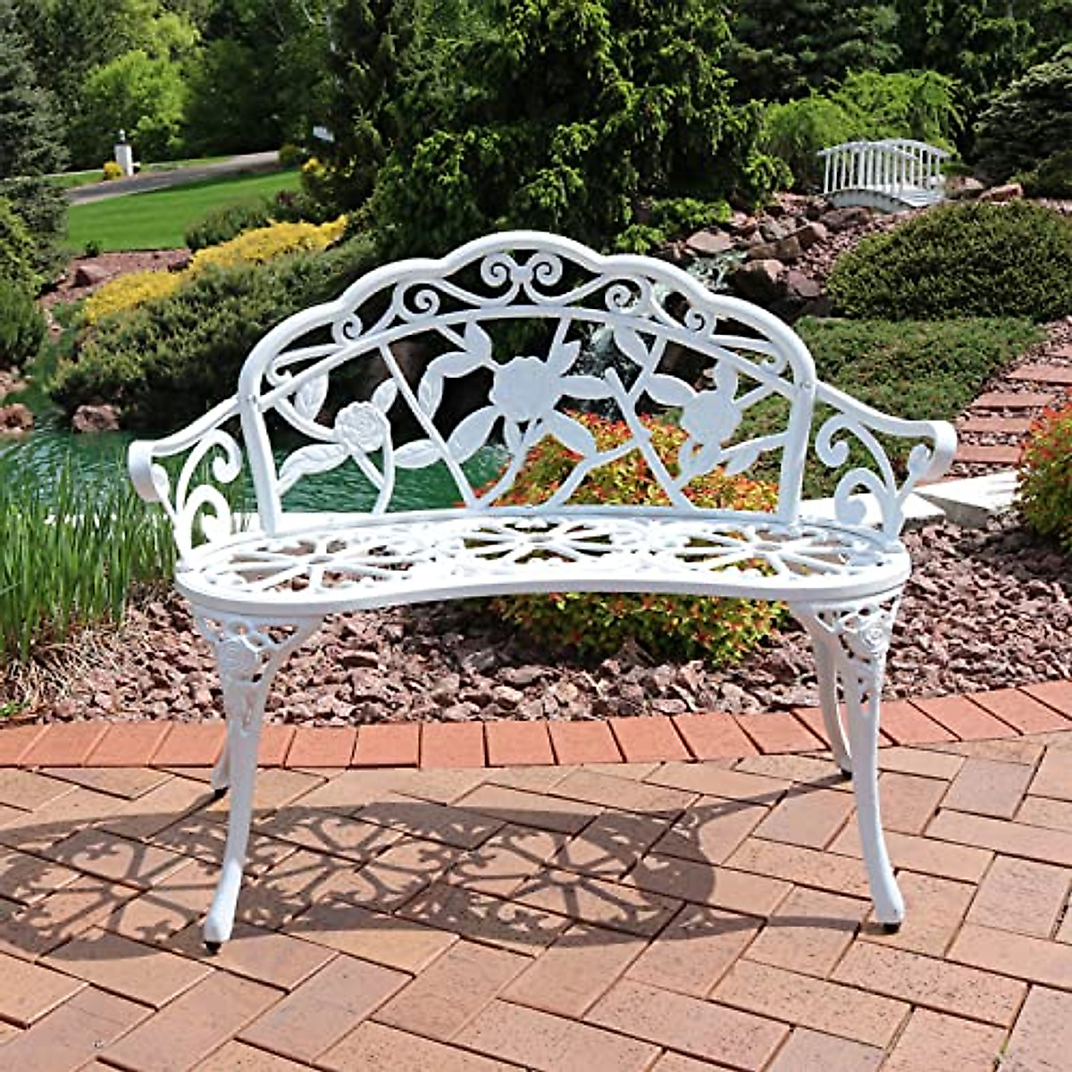 Sunnydaze 2-Person Classic Rose Cast Aluminum White Outdoor Garden Bench