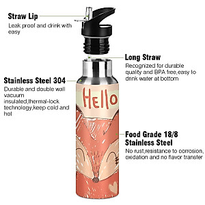 OREZI Hand Drawn Cute Fox Water Bottle Thermos with Straw Lid for Boys Girls,600 ml,Leakproof Stainless-Steel Sports Bottle for Women Men Teenag