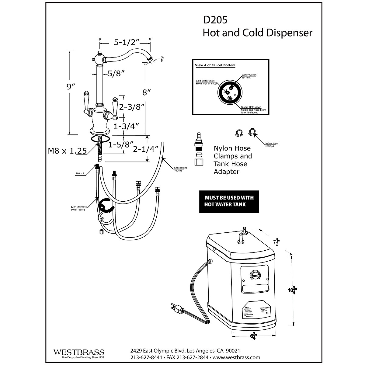 Westbrass D205H-05 Victorian 9" Hot/Cold Water Dispenser & Tank, Polished Nickel