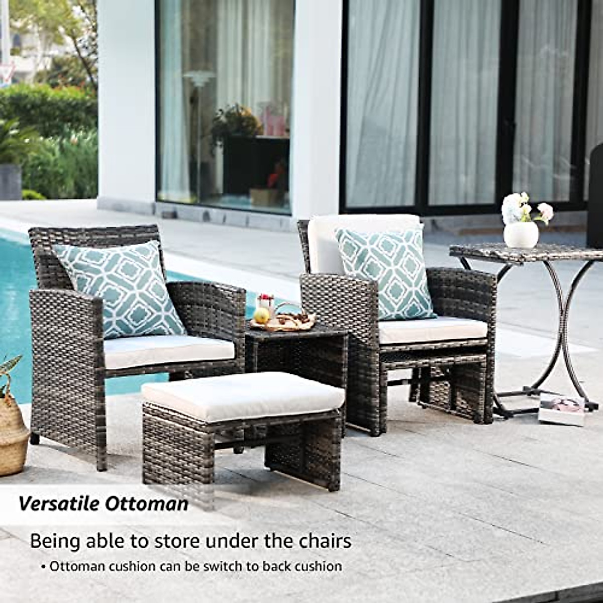 OC Orange-Casual 6 Piece Patio Furniture Conversation Set with Ottoman, Outdoor Grey Wicker Chair and Table Set, Balcony Furniture for Apartments