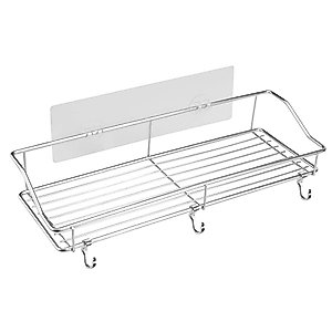 Toxz Stainless Steel Storage Rack Kitchen Bathroom Shelf Storage Wall Shelf Organizer with Adhesives,3 Removable Hooks,35×12.5×6cm(Ship from US!)